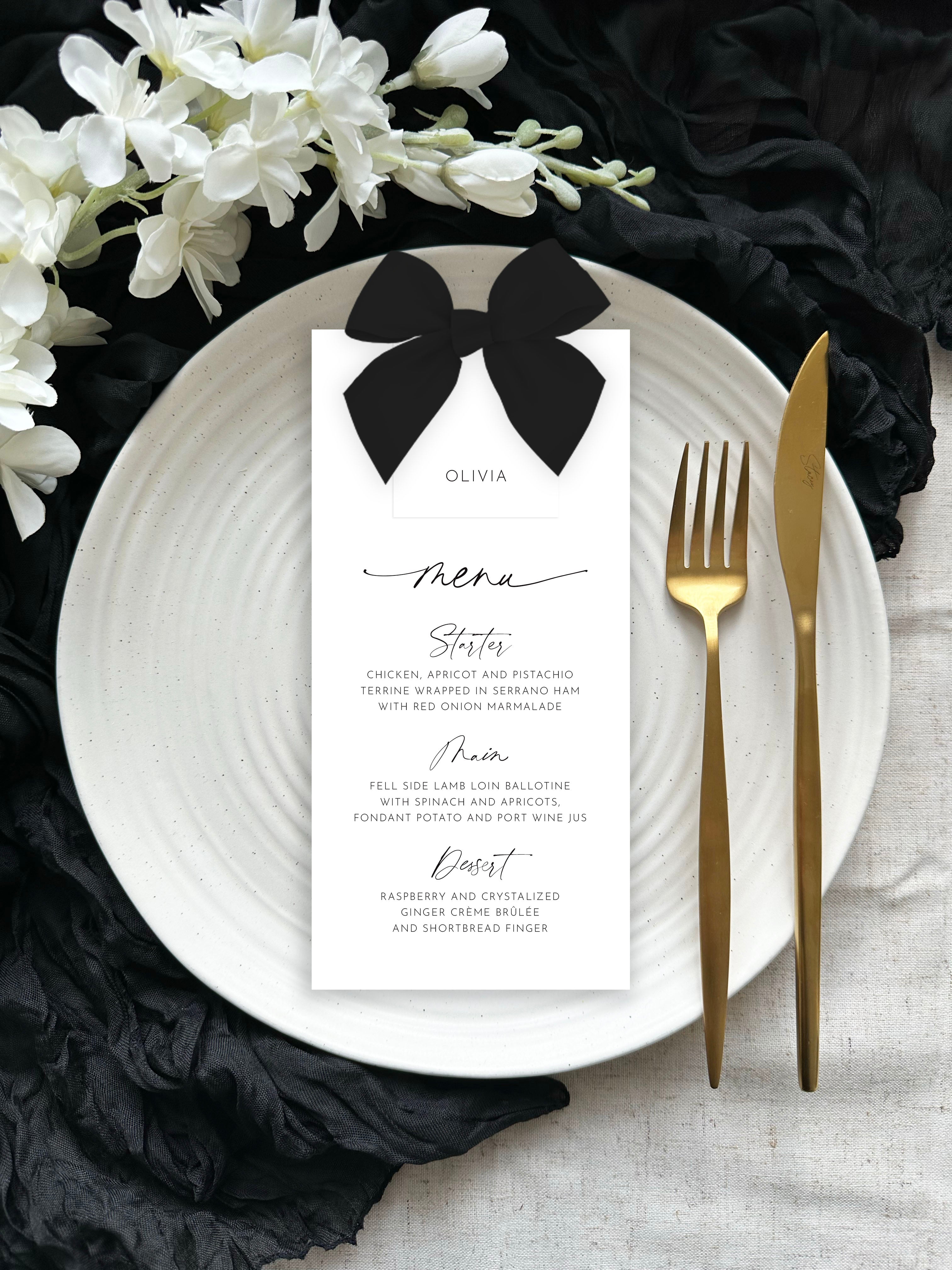 Personalised Wedding Menu with Guest Name Tag & Ribbon Bow – Forever ...